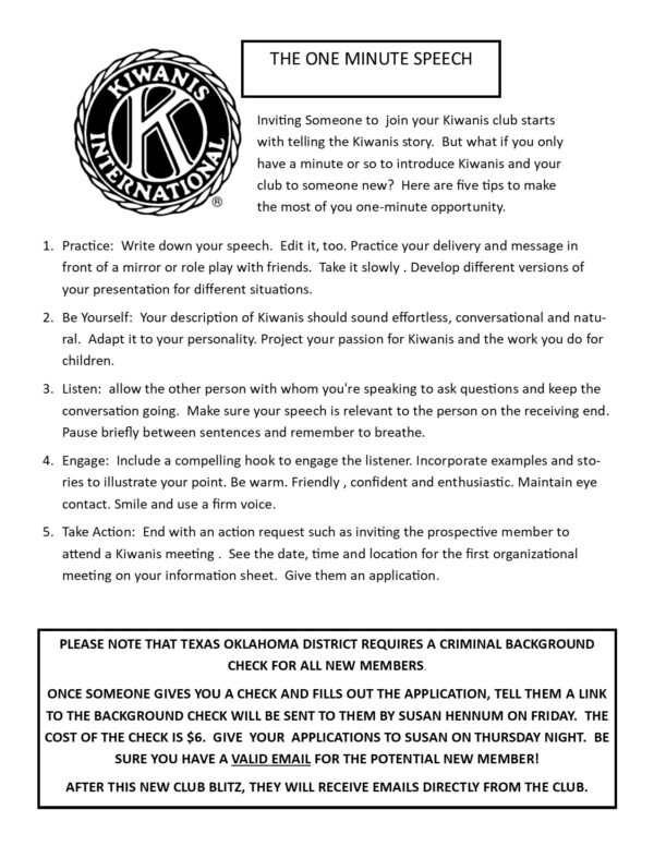 One minute speech – Texas-Oklahoma District of Kiwanis International